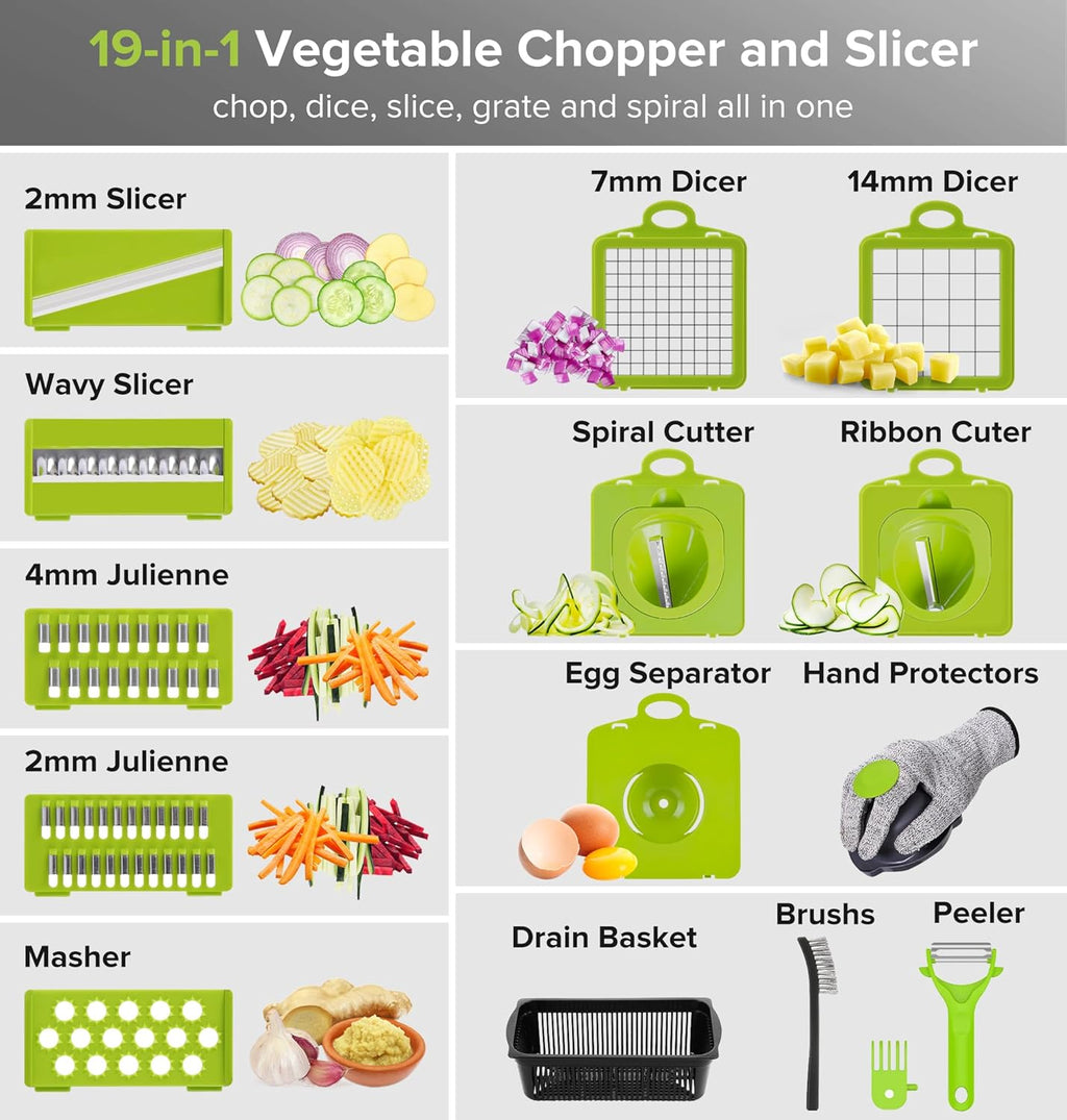Hachoir à légumes et trancheuse 16 en 1 avec récipient et 10 lames – Ghirbclic